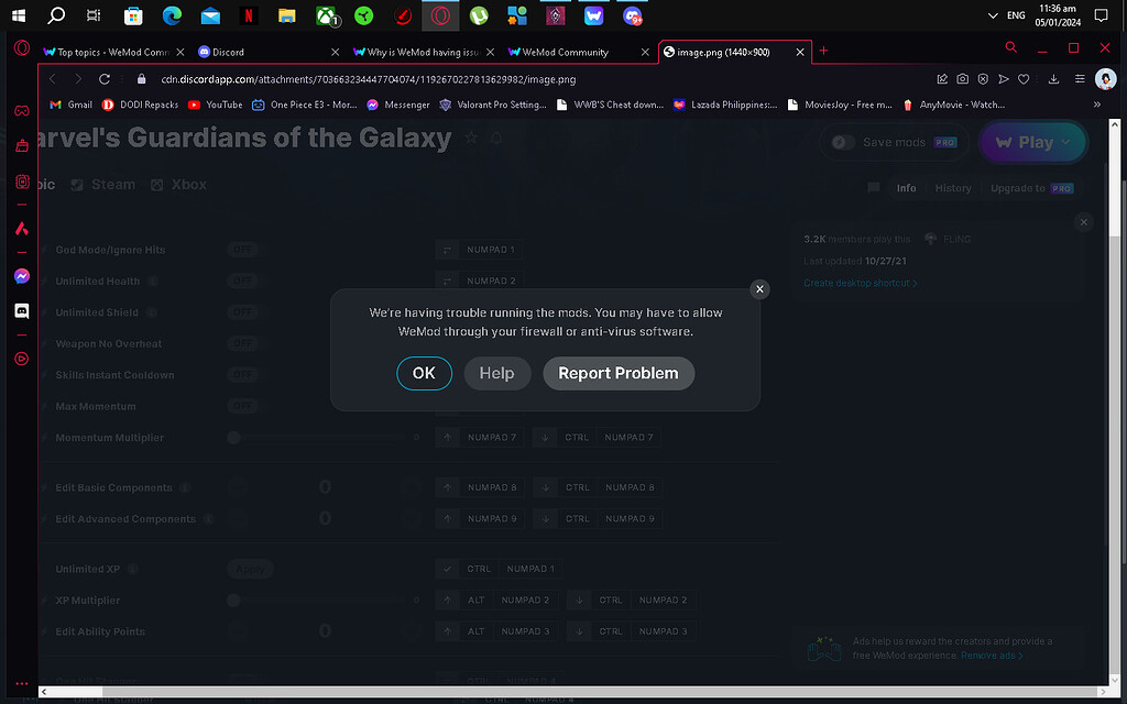 Firewall issue (Guardians of the galaxy) - Support - WeMod Community
